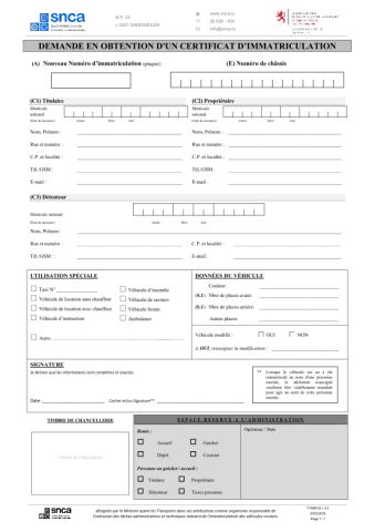 Demande en obtention d'un certificat d'immatriculation — SNCA - Luxembourg